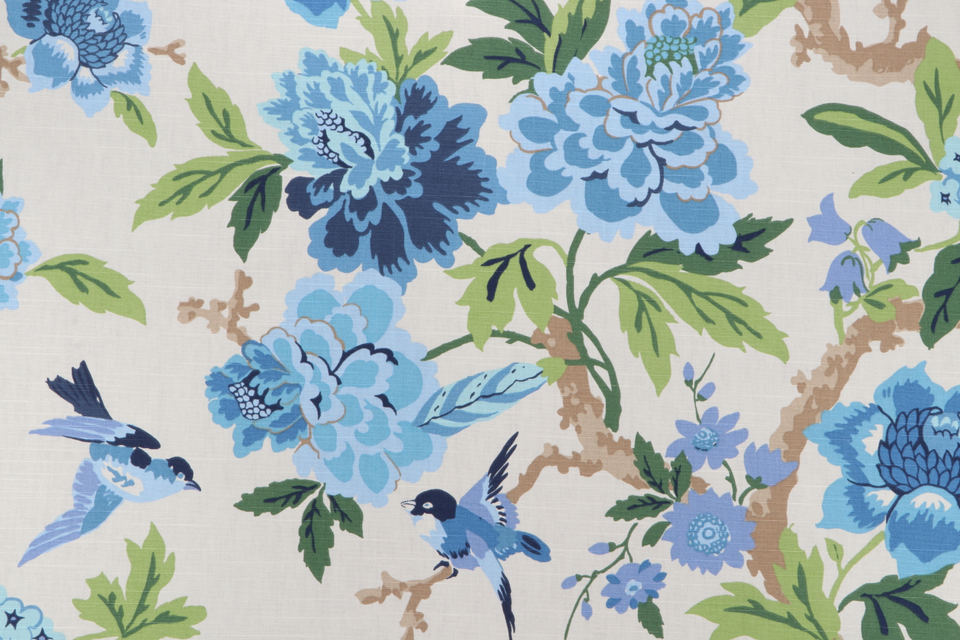 2 Custom Drapes Japonica in Blues CELESTE Floral & Birds Cobalt & Sky ...