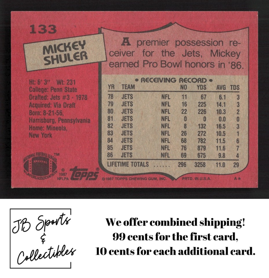 1987 Topps Mickey Shuler #133 New York Jets | eBay