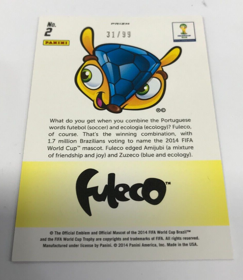 2014 WORLD CUP PRIZM SOCCER CARD FULECO MASCOT PURPLE CHASE CARD #2-31/ ...