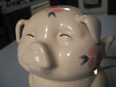 Ceramic Flying Pig Night Light TV Table Lamp Roses w/ Wings Shabby ...