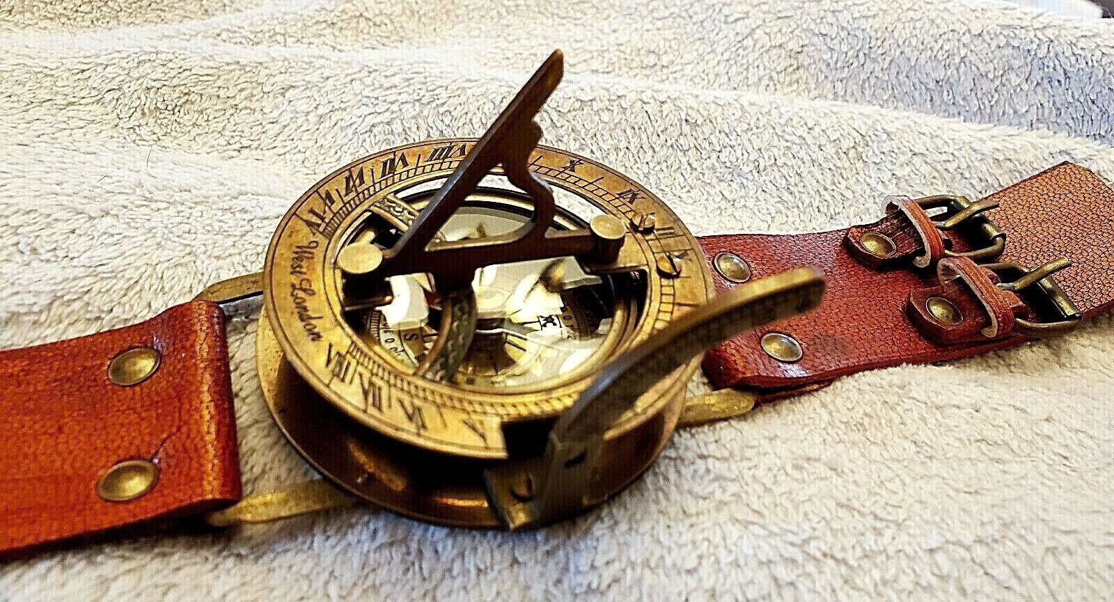 Sun Dial Leather Watch Brass Compass Leather Vintage Old Gold Lustre ...
