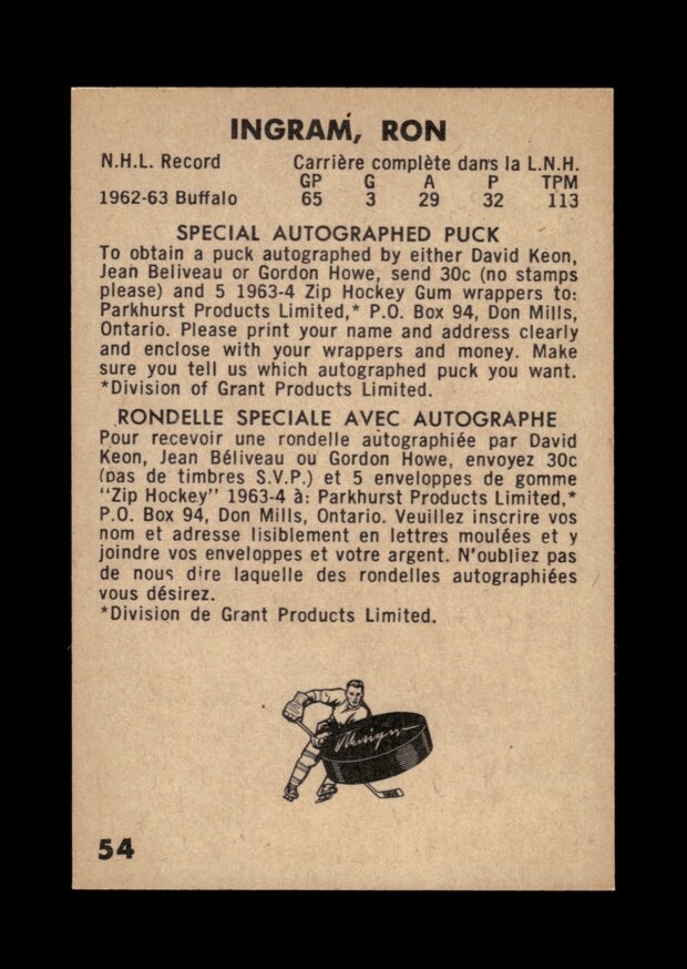 1963-64 Parkhurst Set-Break # 54 Ron Ingram NM-MT OR BETTER *GMCARDS ...