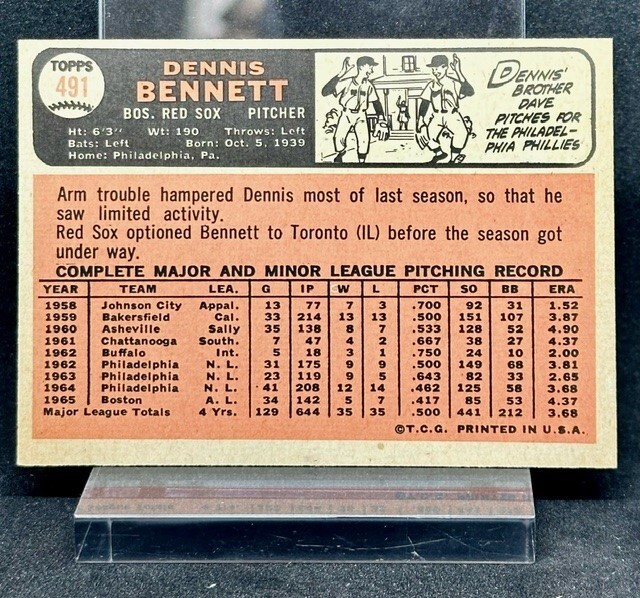 Dennis Bennett 1966 Topps Baseball Pitcher Boston Red Sox Card No# 491 ...