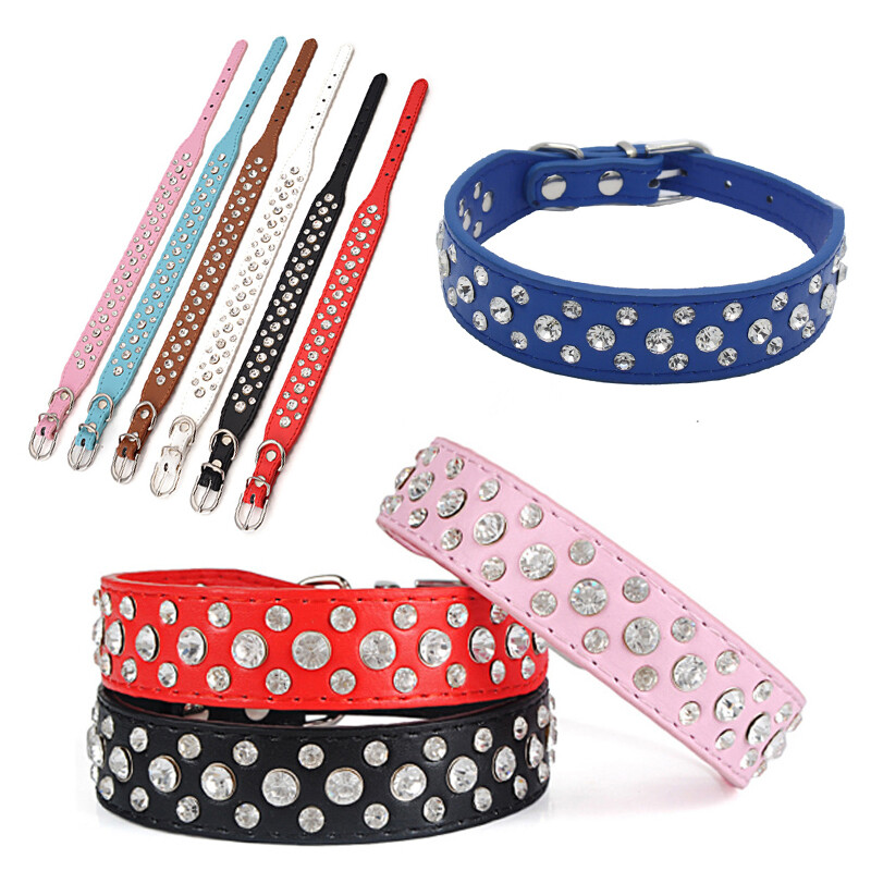 Dog Collars PU Leather Rhinestone 3 Row Diamante Bling Crystal Cat ...