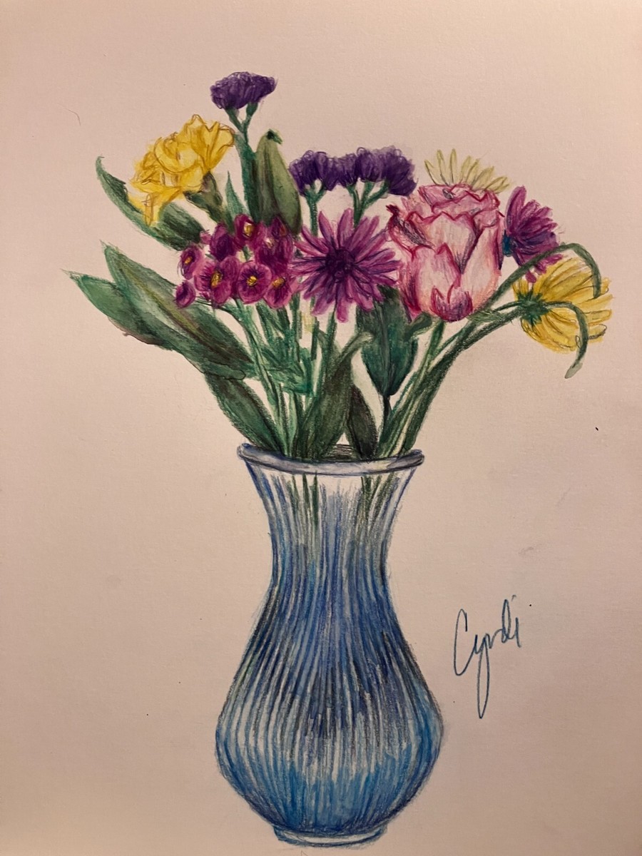 Vase Drawing Color Vase With Flowers Isolated On White Background.