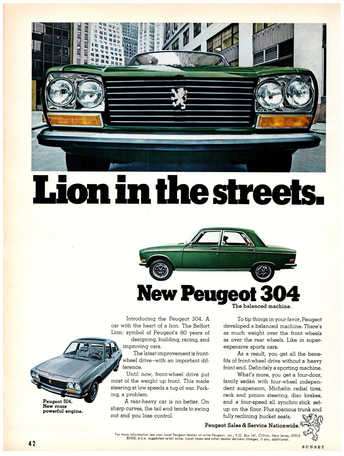 1970 Peugeot Print Ad, New 304 & 504 Lion In The Streets Belfort Logo ...