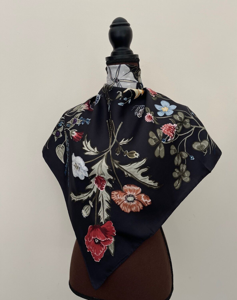 New Gucci Scarf Logo Kris Knight Floral Print Black Multicolor Silk ...