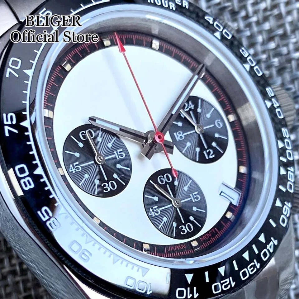 39mm Sterile White Black dial Red Second hand Full Chronograph Quartz ...