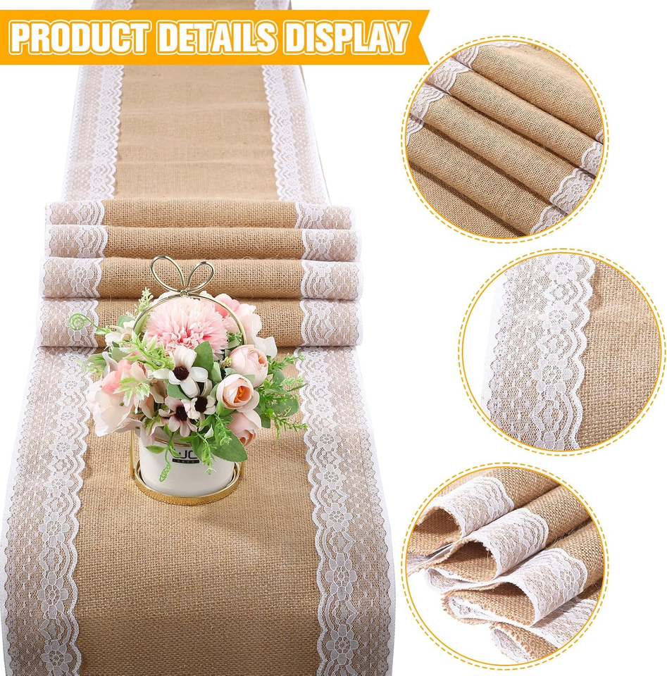 12 Pcs Burlap Table Runners 12 X 108 Inches White Lace Table Runner ...