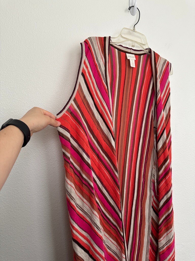 Chico's Women's Mitered Stripe Pattern Vest Long Line Open Front Pink Sz Medium | eBay