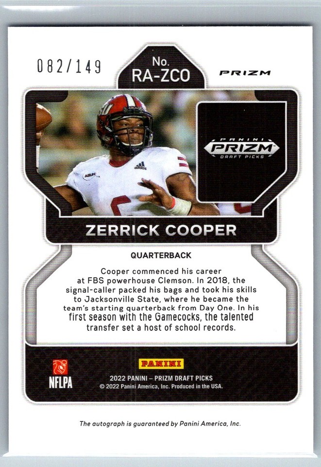 Zerrick Cooper 2022 Panini Prizm Draft Picks RC Blue Autograph Rookie ...