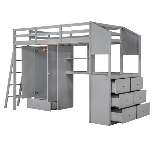 Solid Wood Loft Bed with Desk Wardrobe Drawer Bookshelves Bed Frames ...