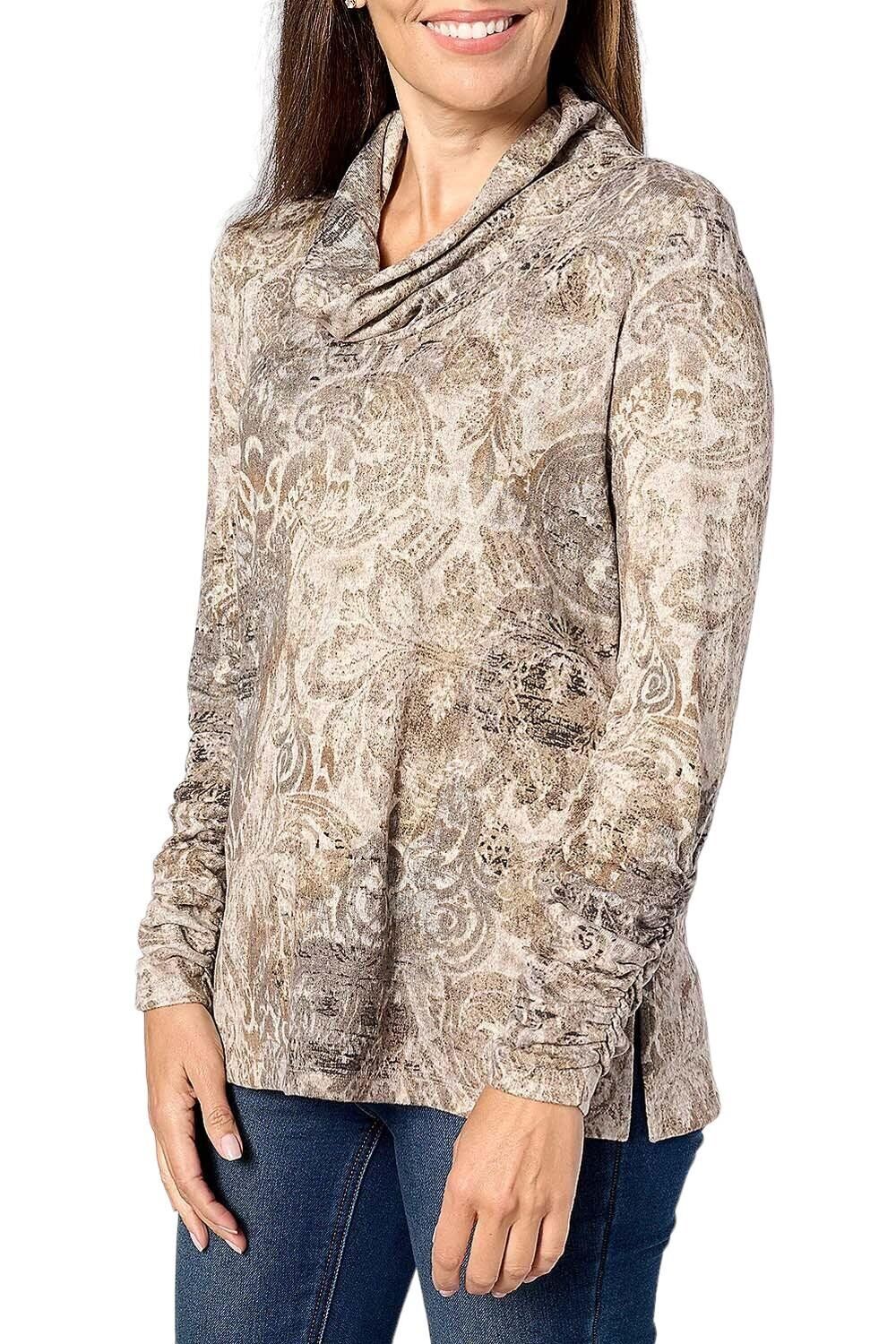 Susan Graver Weekend Printed Sweater Knit Cowlneck Long Slv Sand Smoke