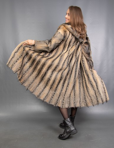 7037 SUPERIOR REAL GRAY FOX COAT FUR SWINGER HOOD VERY LONG BEAUTIFUL ...