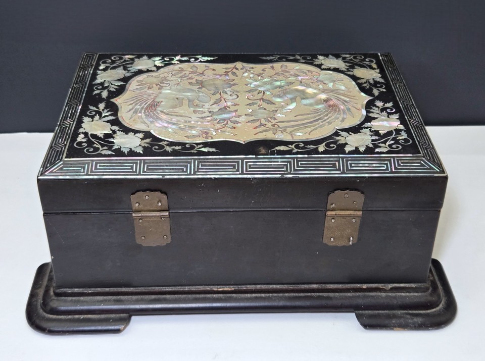 Antique Chinese Black Lacquer Wood Box w MOP Inlay Bird & Flowers | eBay
