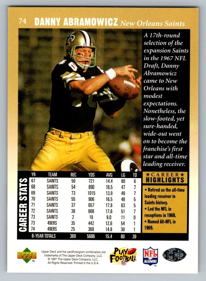 1997 UPPER DECK CARD # 74 Danny Abramowicz - New Orleans Saints | eBay