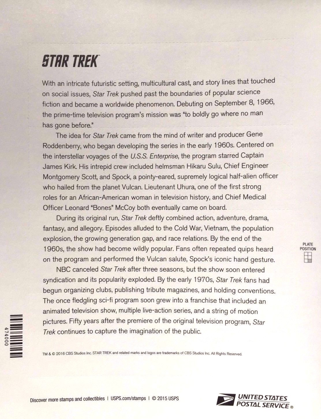 USPS - STAR TREK - FOREVER Sheet of 20 STAMPS 50th ANNIV MNH (474004 ...