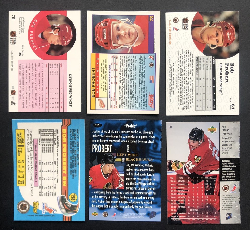 Bob Probert Six Card Lot Upper Deck Topps Score Pro Set NHL Bad A ...