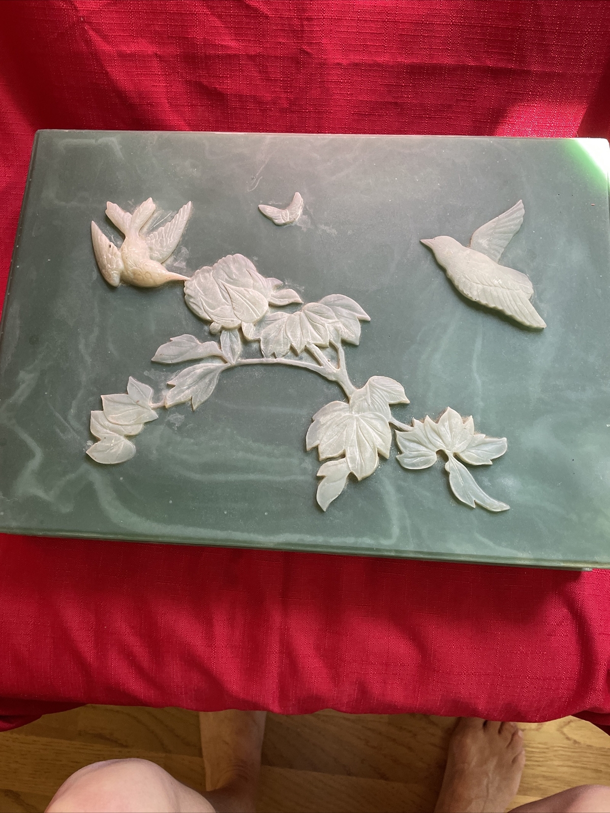 Vtg Large Genuine Incolay Stone Hinged Jewelry Box Green White Birds ...