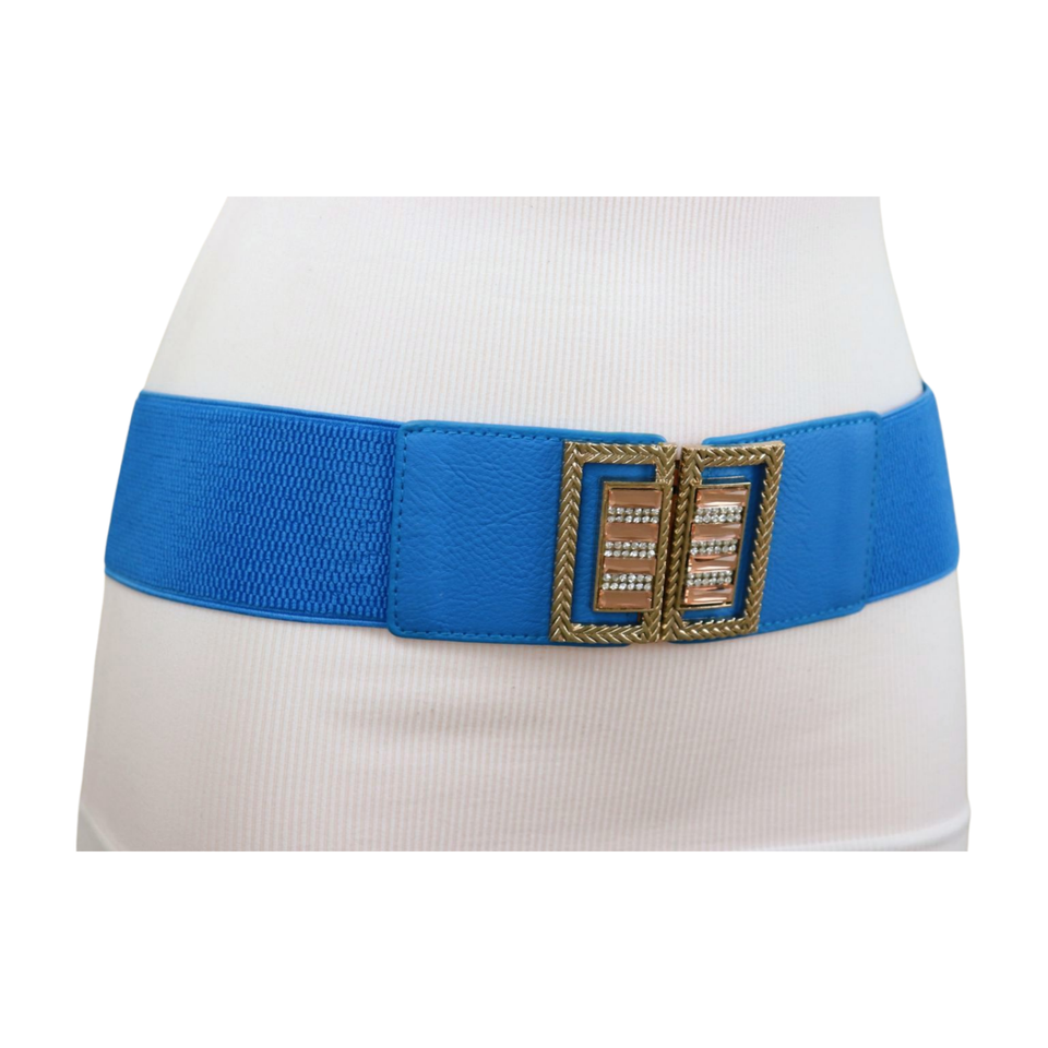 Women Blue Wide Elastic Waistband Fashion Belt Gold Bling Square Buckle ...
