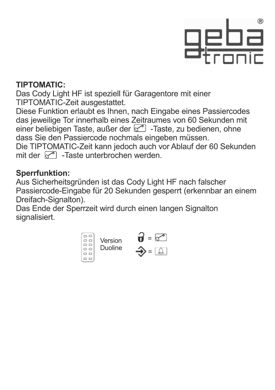 Geba Tronic Dispositivo Interruttore Cody Light HF 1/2 per 2 Garage ...