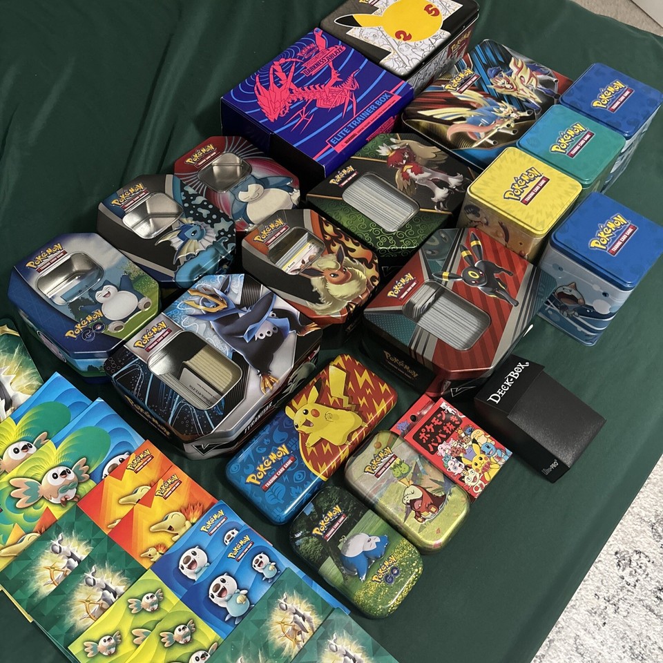 Pokémon Bulk Lot - Tins - Stickers - Sleeves - Deck Box - ETB (open ...