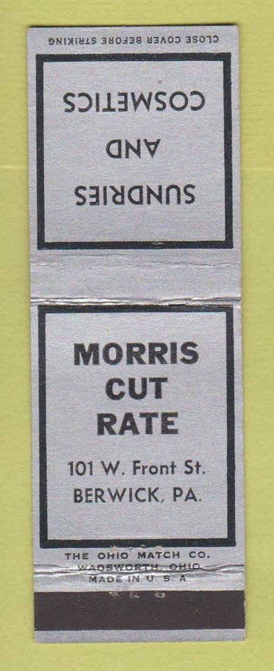 Matchbook Cover - Morris Cut Rate Sundries Cosmetics Berwick PA | eBay