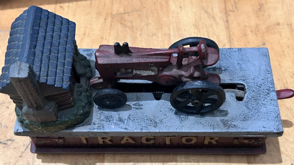 Cast Iron Bank Tractor Mechanical Coin With Log Cabin Barn | eBay UK