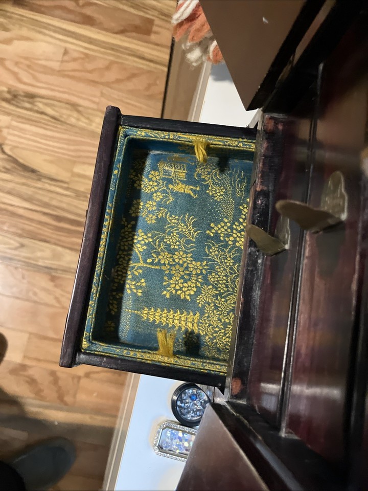 Vintage Chinese Wooden & Brass Jade Inlaid Jewelry Chest Box w/ Drawers ...