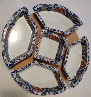 6 Pc Imari Style Japanese Lazy Susan Serving Dishes On Bamboo Wood Lazy ...