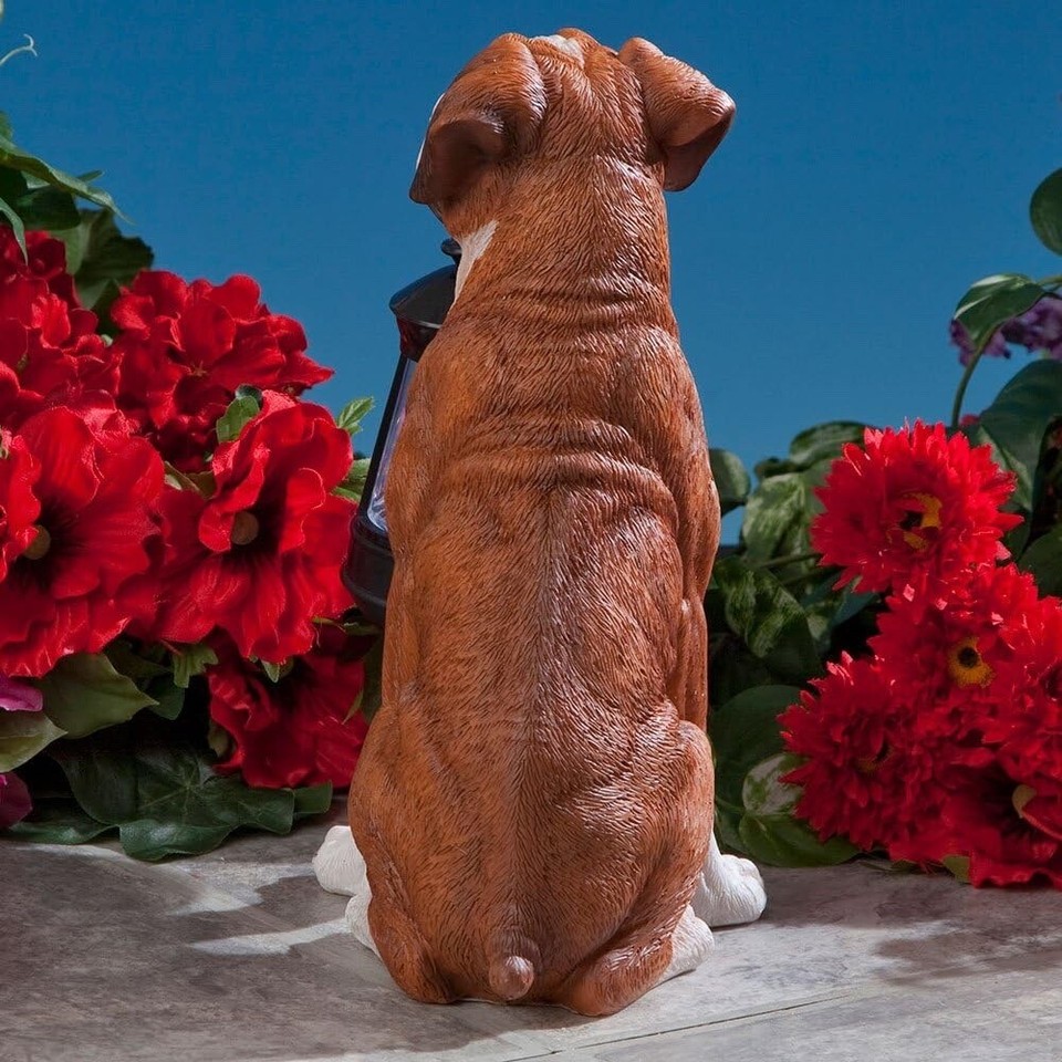 Realistic Boxer Puppy Dog Garden Sculpture Holding Solar LED Lighted ...