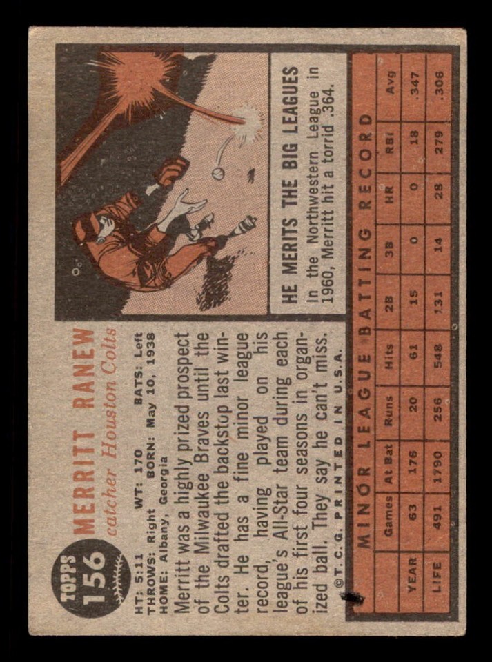 1962 Topps Baseball #156 Merritt Ranew VG *e1 | eBay