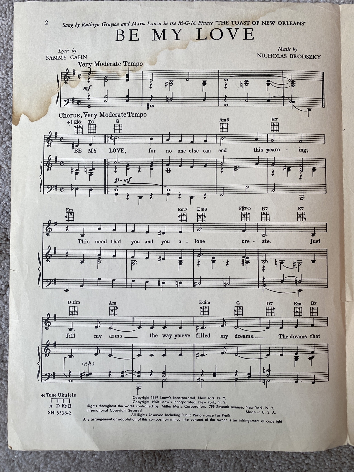 1950 BE MY LOVE Sheet Music TOAST OF NEW ORLEANS Grayson Lanza by ...