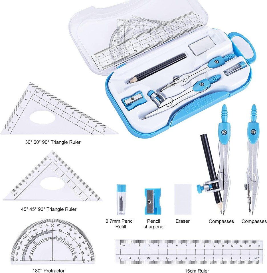 Math Geometry Kit Set 10 Pieces with Shatterproof Storage Box, Student ...