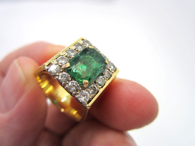 Estate Stunning Vintage 18K Yellow Gold Green Emerald Diamond 12.4 Gram ...