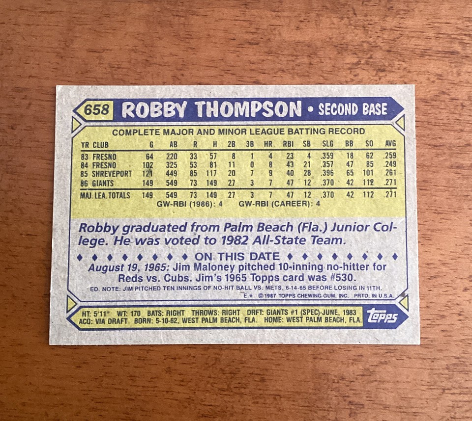 1987 Topps Robby Thompson #658 Rookie San Francisco Giants Trophy Card ...