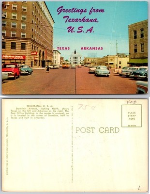 Greetings from Texarkana State Line Street Cars Buildings Postcard ...