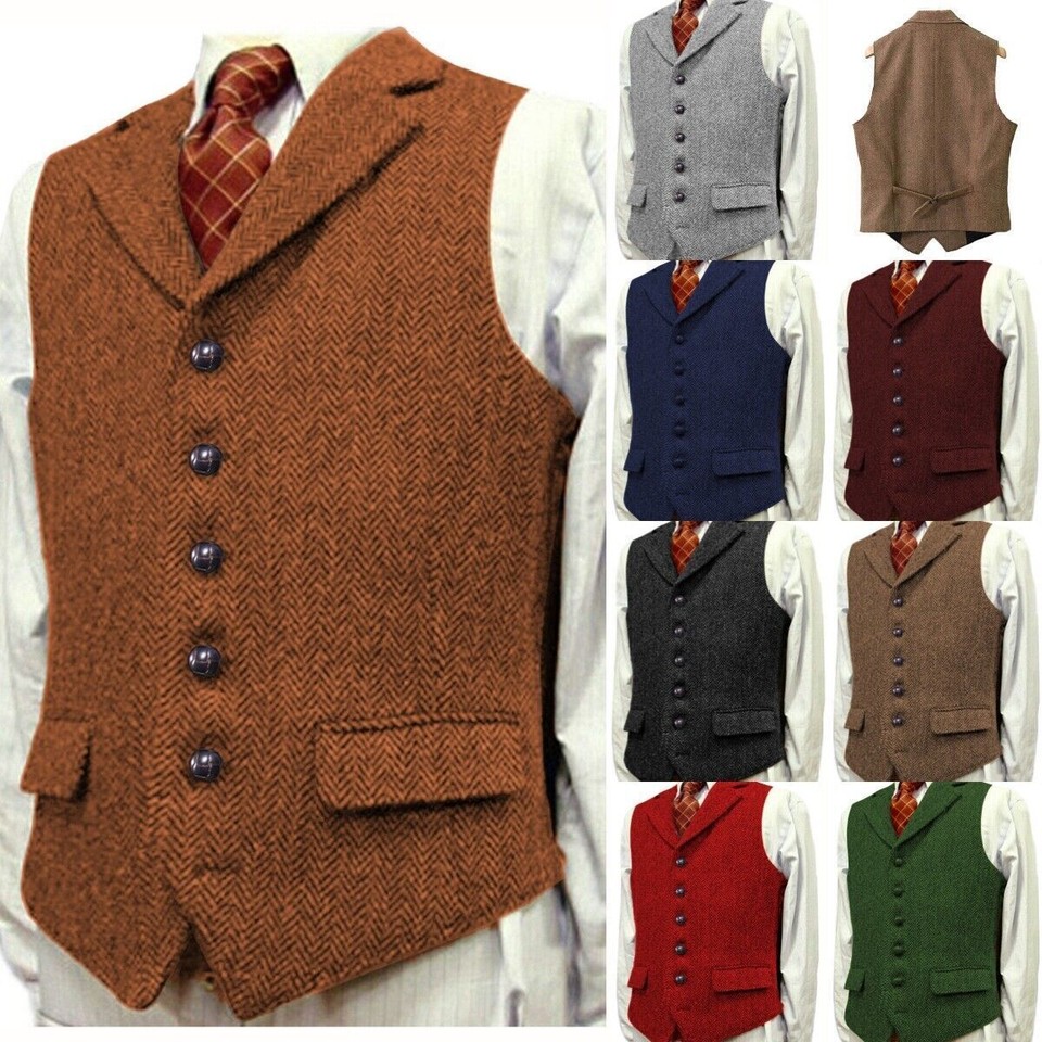 Mens Tweed Waistcoats Wool Formal Vintage Hunting Vest Herringbone ...