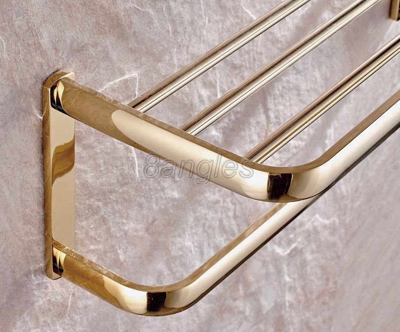 Gold Color Brass Wall Mounted Bathroom Towel Rack Shelf Rails Double ...