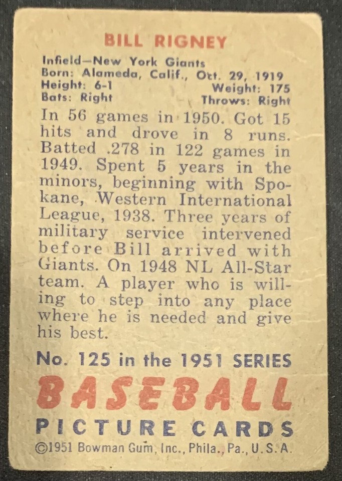 1951 Bowman #125 Bill Rigney LOW GRADE New York Giants Baseball Card | eBay