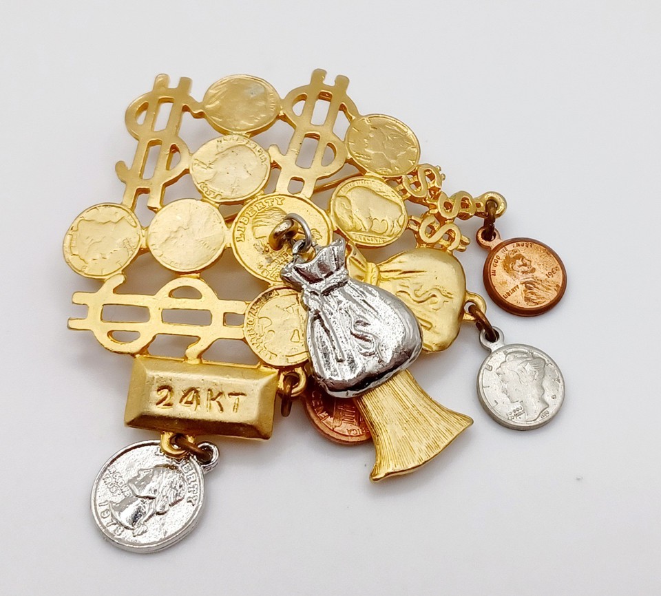 Vintage Money Grows on Trees Brooch Pin Dangling Coin Charms Pin Gold ...