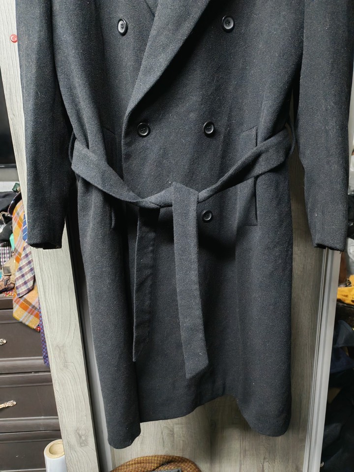 Vintage wool blend classic double breasted belted charcoal over coat ...