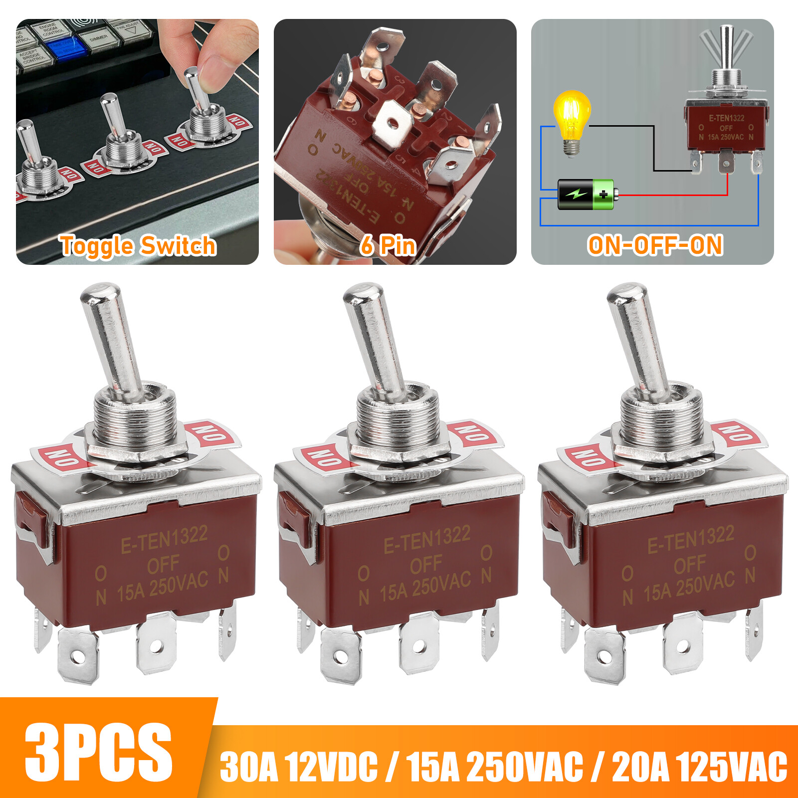 3PCS Toggle Switch Heavy Duty 20A 125V/15A 250V DPDT ON/OFF/ON Spade ...