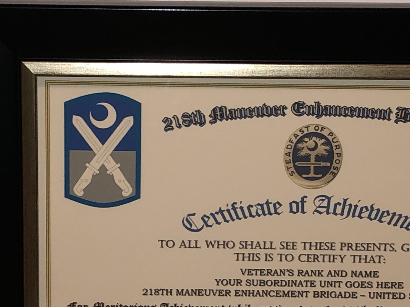 218TH MANEUVER ENHANCEMENT BRIGADE - COA / (COMMEMORATIVE CERTIFICATE ...