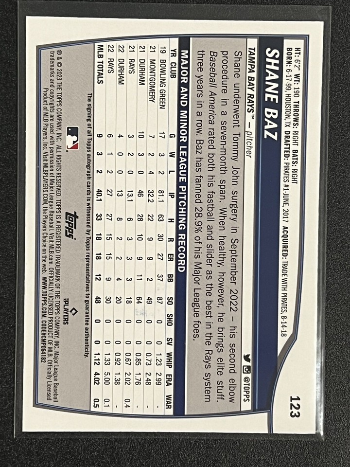 2023 Topps Big League Baseball Electric Orange #123 Shane Baz AUTO Rays ...