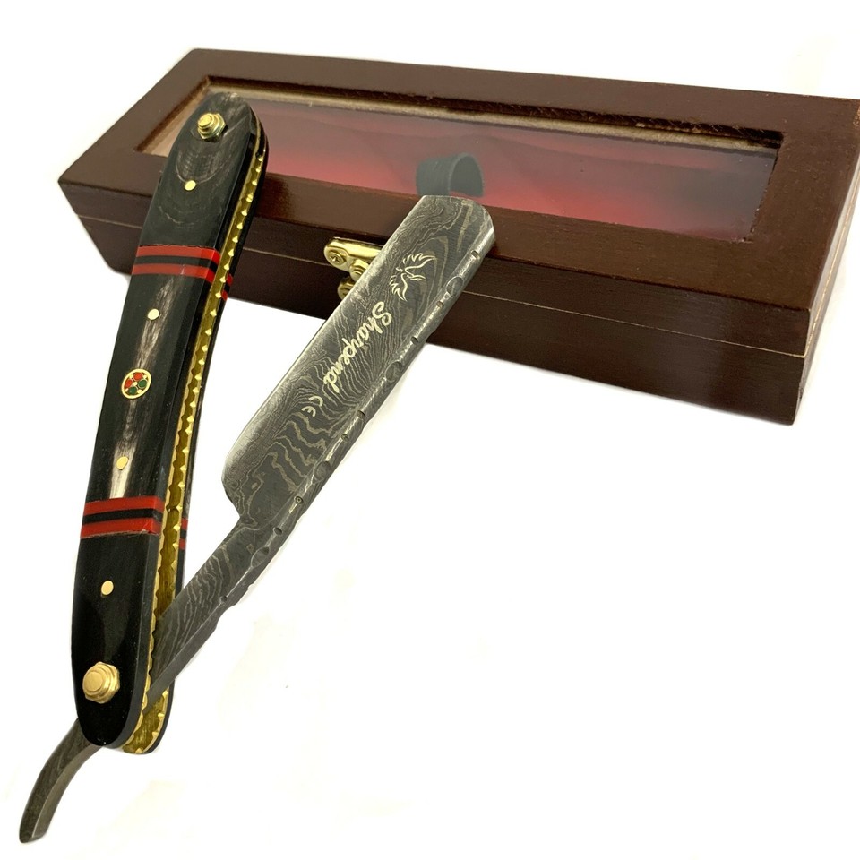 Black Damascus Steel Straight Razor Cut Throat Barber Salon Shaving ...