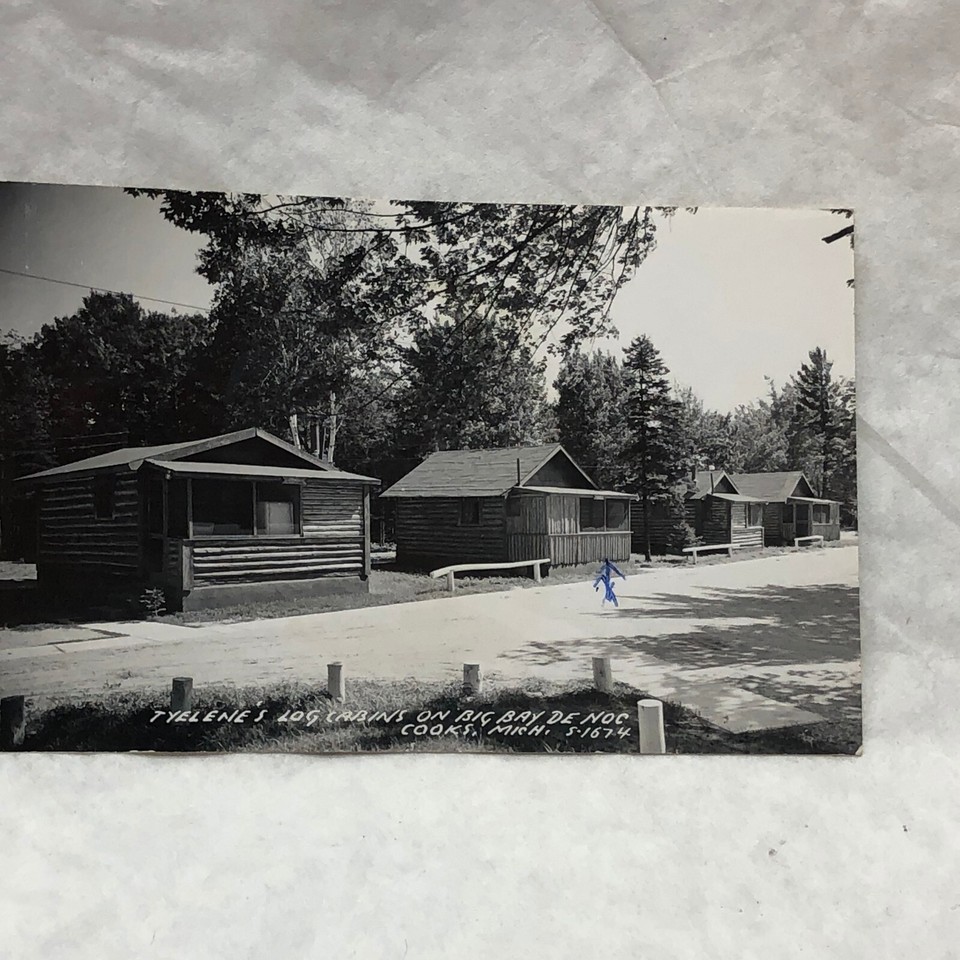 Vintage 1958 Photo Postcard Cooks Michigan Tyelenes Log Cabins on Big ...