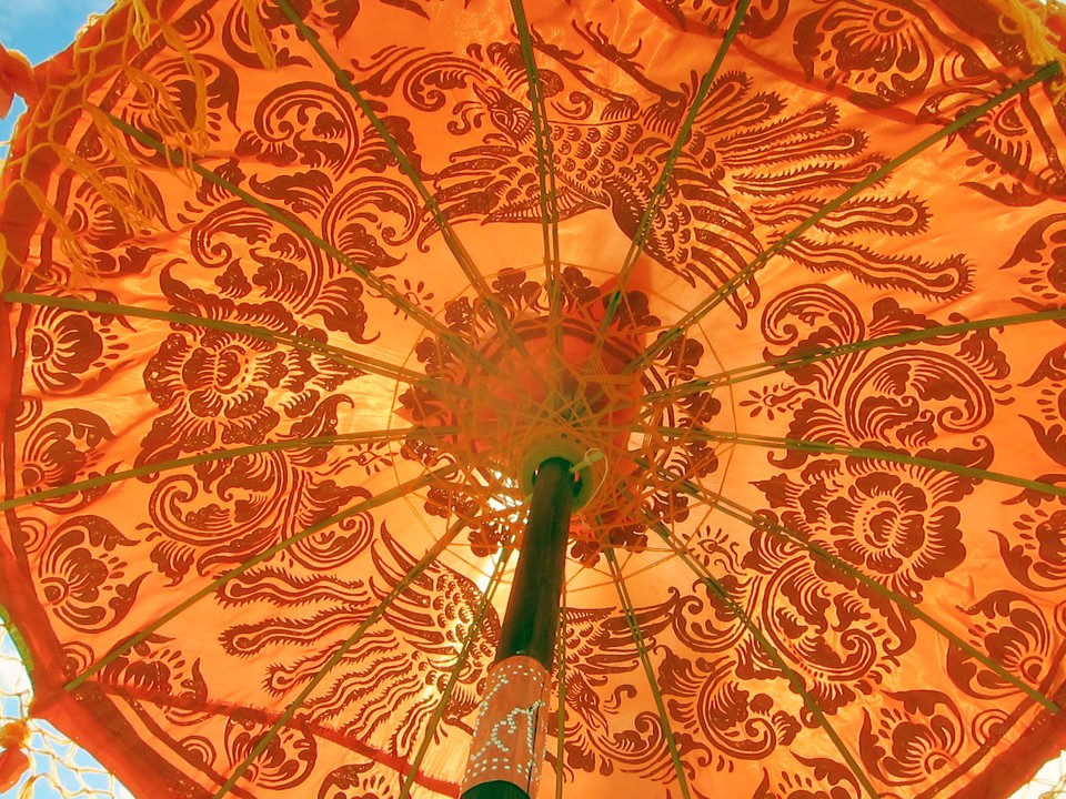 28" diameter colorful fringed fabric PARASOL, hand-made wood Balinese ...