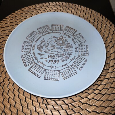 1959 Calendar Plate Taylor Smith Taylor Aqua Blue with Gold Lettering ...
