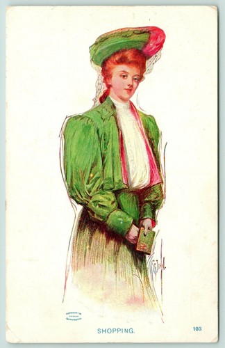 St John~Shopping~Lovely Lady Redhead in Green & Pink~White Ruffles ...